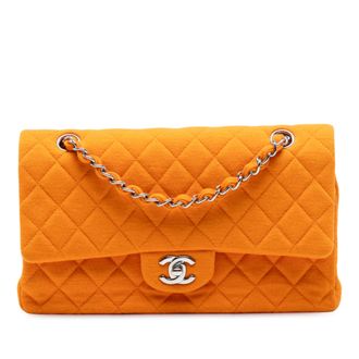 Chanel Orange Jersey Medium Classic Jersey Double Flap