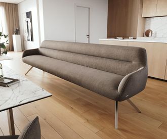DELIFE Esszimmerbank Taya-Flex 300 cm Strukturstoff Soft Taupe Kreuzgestell kantig Edelstahl Taschenfederkern, B&auml;nke