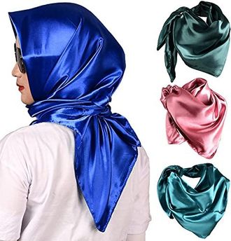 Feoya 4 Pièces Foulard Carré en Soie 90 x 90 Femme Fichus et Foulards de Tête Bandana Chapeau Écharpe Satin Square Grand Couleur Unie Bandeau Châle Mouchoir