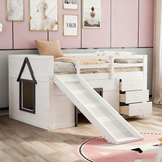 Generic 140x200cm Niedriges Hochbett mit Rutsche - 3 Schubladen & 2 Türen in Creme | Platzsparendes Kinderbett mit Spiel- und Stauraum