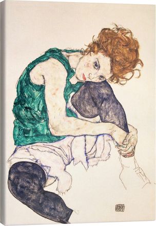 Posterlounge Sitzende Frau mit hochgezogenem Knie Leinwandbild von Egon Schiele 60 x 80 cm Beige Wandbilder Wanddeko