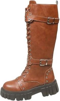 Generic Bottes hautes pour femme &agrave; talon &eacute;pais - &Eacute;l&eacute;gantes - Couleur unie - Semelle &eacute;paisse - Lacets - Boucle - Fermeture &eacute;clair lat&eacute;rale - Classique et confo