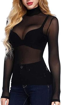 Onsoyours T-Shirt Femme Mesh Blouse Sexy Transparente Tops Moulant &agrave; Manches Longues Clubwear Haut en Maille Soir&eacute;e Elastique Chemise Tulle Tee Shirt C Noir XL