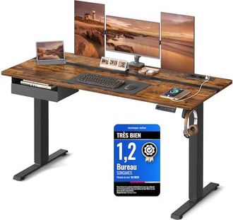 Vasagle Bureau &Eacute;lectrique R&eacute;glable en Hauteur, Bureau Assis-Debout, Multiprise, Tiroir, 70 x 160 cm, R&eacute;glable en Continu, Fonction M&eacute;moire de 4 Hauteurs, Marr