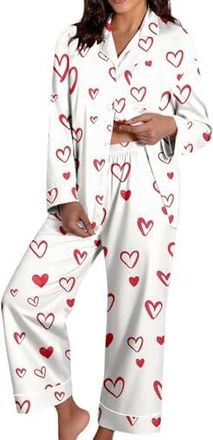 Generic Ensemble de pyjama en satin &agrave; manches longues pour femme - Imprim&eacute; mignon - V&ecirc;tement de nuit l&eacute;ger pour le printemps - V&ecirc;tements de nuit boutonn&eacute;s - V