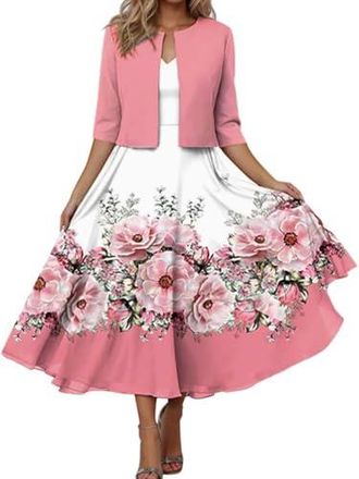 Minetom Robe avec Bol&eacute;ro Femmes El&eacute;gante Imprim&eacute; Cocktail Soir&eacute;e F&ecirc;te Robe Longue Deux Pi&egrave;ces Chic Col en V Robe avec Cardigan C Rose XL