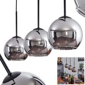 HOFSTEIN Hängeleuchte Koyoto, Hängelampe aus Metall/Glas in Schwarz/Chromfarben, Leuchte 3-flammig im Vintage/Retro Design mit Schirmen aus Glas (Ø 15 cm), Höh
