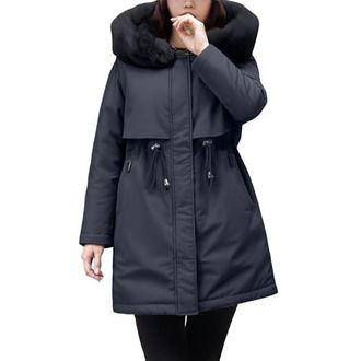 Generic Parka &agrave; capuche pour femme - Manteau dhiver &eacute;pais rembourr&eacute; matelass&eacute; - Veste chaude longue avec capuche en fourrure - Longueur moyenne - Couleur unie