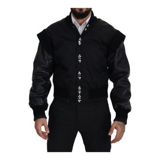 Dolce & Gabbana Schwarze Nylon Bomberjacke mit Kristallverzierung - - Jackets - Herren - Schwarzk - S