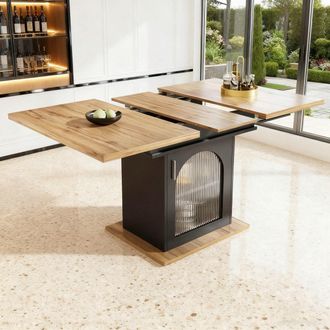 Generic Teleskop-Esstisch 140×80 cm in Natur/Schwarz | Ausziehbar mit 3 Ablageebenen | Platzsparender Küchentisch | Für Küche & Wohnzimmer (Black + MDF+Glass)