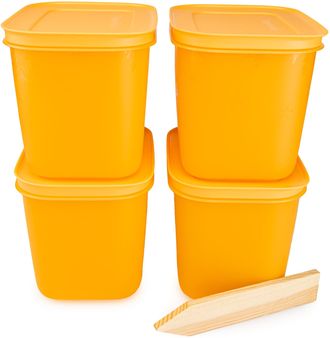 Tupperware Gefrier-Beh&auml;lter Eiskristall 4x 1,1 L orange Lebensmittelaufbewahrung f&uuml;r K&uuml;hlschrank und Eisfach (inkl. 1x Holzspatel) Eis-Kristall