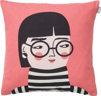 Spira of Sweden Kompiskudde Vera Dekorative Kissenh&uuml;lle, Rosa-Schwarz-Wei&szlig; Gestreift, &Ouml;ko-Tex Zertifiziert, 47x47 cm, Modernes Design mit Brillentr&auml;ger Motiv