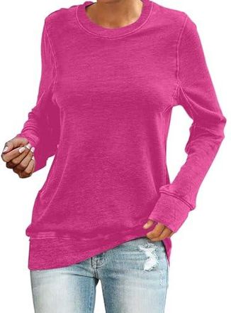 Generic Chemise unie à manches longues pour femme, chemisier décontracté à col rond, chemise à manches courtes, haut ample doux pour la vie quotidienne, cadea