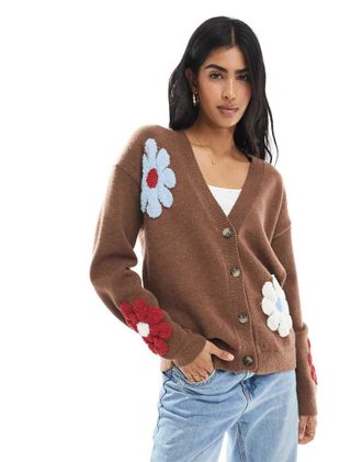 Daisy Street Gilet &agrave; fleurs avec col en V - Marron-Multicolore