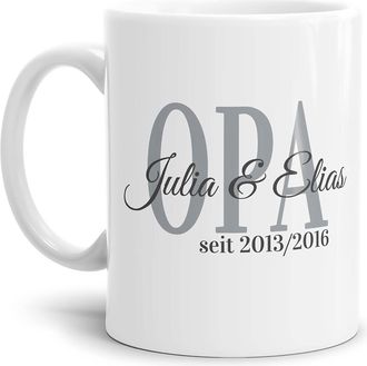 Tassendruck Tasse - Opa seit - zum selbst Gestalten mit Kindernamen und Geburtsjahren - Geschenk für den besten Opa - Keramiktasse, Weiß Glanz, 300 ml