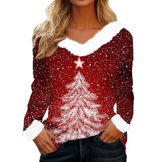 Generic Chemises de Noël pour femme - Pull à capuche amusant avec imprimé flocon de neige - Bordure en fausse fourrure - Col en V - Manches longues - Chemises