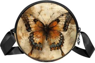 Generic Sac &agrave; bandouli&egrave;re rond pour femme, motif papillon vintage, petit sac &agrave; bandouli&egrave;re avec fermeture &eacute;clair, bretelles r&eacute;glables, sac &agrave; main rond d&eacute;contr