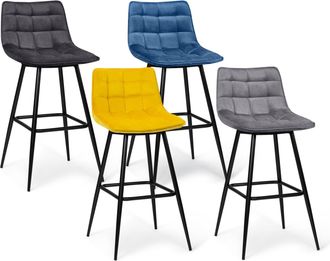 IDMarket Set aus 4 Barhockern Mady aus Samt Mix Color blau, hellgrau, dunkelgrau, gelb