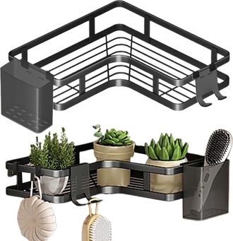 Generic Duschregal | Eck-Wandregal mit Zahnpasta-Halter und Haken, h&auml;lt 15 kg, selbstklebendes Shampoo-Regal f&uuml;r K&uuml;che, Badezimmer, W&auml;sche