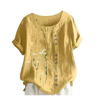 Generic T-shirt Femme Coton et Lin Mode D&eacute;contract&eacute; Col Rond Manches Courtes Tops T-Shirt Femme, jaune, XXL