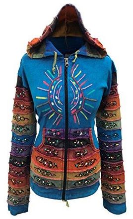 Shopoholic Fashion D&eacute;lav&eacute;&agrave; lacide Multicolore Patchwork Capuche, Rayures Arc en Ciel Manche Hippie Veste, Boho - Bleu, Medium