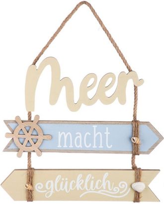 CMD Maritimes Holzplankenschild, Modell: Meer Macht GLÜCKLICH, Material Holz mit Sisalband, Maße 31 x 25 cm, Naturband Aufhängung, mit Steuerrad und Musch