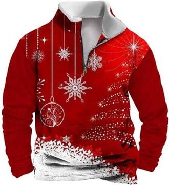 Generic Pull Noel Homme &agrave; Demi-Zip, Sweat de No&euml;l Homme sans Capuche Imprim&eacute; Flocon De Neige Motif Xmas Manches Longues Pullover Grande Taille Automne Et Hive