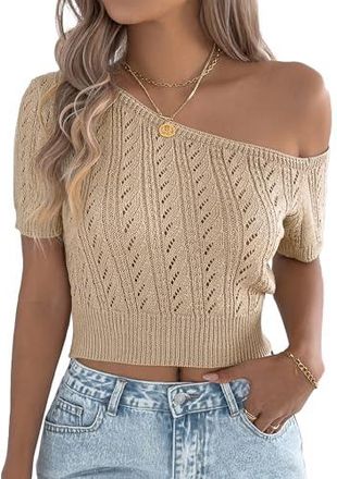 Feoya Femmes T-Shirt Épaules Dénudées Chemisier Casual Manches Courtes Top Blouse Pull en Tricot Chic et Elegant Kaki XL