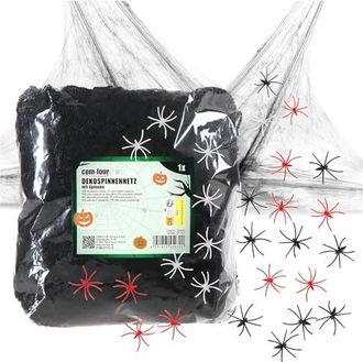 Com-Four Ensemble de décoration 25 pièces pour Halloween - Toile daraignée Extensible 200g avec 24 araignées décoratives - Toile daraignée Noire pour Halloween