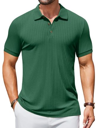 Coofandy Poloshirt Herren Kurzarm Strick Polo T-Shirt mit Knöpfe Sommer Polohemd Geripptes Stretch Shirt Evergrün XXL