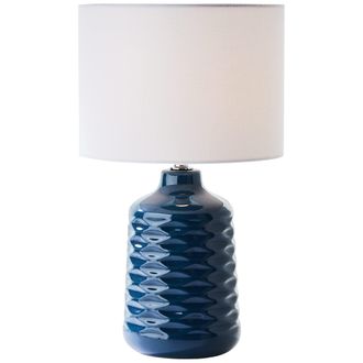 Lightbox blaue Keramik Tischlampe mit wei&szlig;em Stoff-Schirm - dekorative Tischleuchte mit Schnurzwischenschalter - 42 cm H&ouml;he & 25 cm Durchmesser - E14 Fassung m