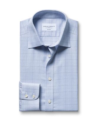 CHARLES TYRWHITT B&uuml;gelfreies Twill-Hemd mit Karos - Blau Knopfmanschette