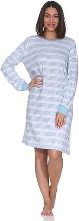Normann Chemise de nuit à manches longues pour femme en qualité Interlock douillette avec poignets aspect rayé, bleu, 50-50