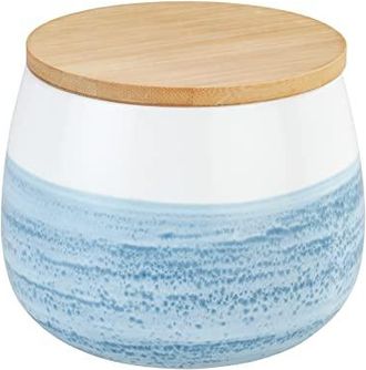 WENKO Aufbewahrungsdose Mala 0,7 L, hochwertige Keramikdose in Weiß mit Aquarell-Dekor in Blau, FSC zertifizierter Bambusdeckel mit Silikonring zur luftdich