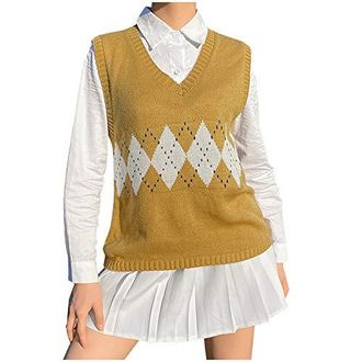 Generic Gilet sans Manche Femme Gilet Femme D&eacute;contract&eacute; Quotidien Ville Tricot Style Preppy - Col V Motif Losange pour Streetwear Campus Chic