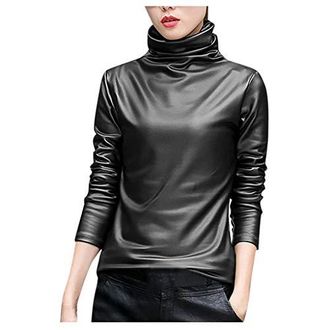 Generic Haut thermique pour femme, col roul&eacute; &agrave; manches longues - Couleur unie scintillante - Tunique basique polyvalente confortable et chaude - Chemise ajust