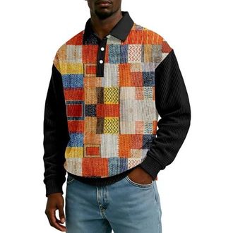 Generic Polo à manches longues pour homme - Col Henley - Style décontracté - Motif floral - Pour le tennis, le golf, 1-Orange, XXL