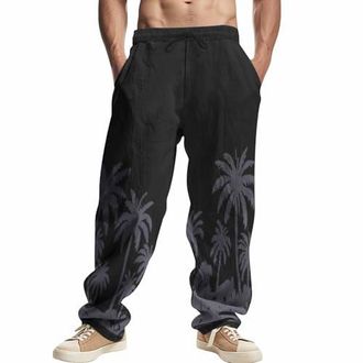 Generic Pantalon de loisirs d&eacute;t&eacute; l&eacute;ger pour homme - Pantalon en lin imprim&eacute; hawa&iuml;en - Pantalon d&eacute;t&eacute; avec taille &eacute;lastique - Pantalon de plage respirant - Pant