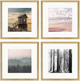 Photolini Bilderrahmen 30x30 Gold MDF-Holz, 4er Set Poster-Rahmen mit Passepartout, bruchsicheres Acrylglas, zum Aufhängen, extra Zubehör - für Fotos & Poster