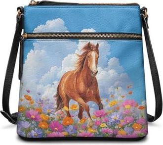 Coloranimal Sac &agrave; bandouli&egrave;re pour femme - Sac &agrave; bandouli&egrave;re &agrave; fermeture &eacute;clair - Sac &agrave; bandouli&egrave;re l&eacute;ger en cuir synth&eacute;tique, Cheval fleur bleu ciel