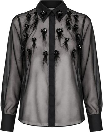 Nenette Transparente Bluse mit Feder- und Strass-Applikation - - Blouses & Shirts - Damen - Schwarzk - L