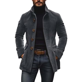 Generic Manteau dhiver en velours c&ocirc;tel&eacute; pour homme, manteau r&eacute;tro en velours c&ocirc;tel&eacute;, veste longue avec col montant et boutonni&egrave;re &agrave; une rang&eacute;e pour les loisi