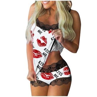 Generic Ensemble de pyjama avec short en dentelle imprim&eacute;e pour la Saint-Valentin 2026 (2), blanc, XXL