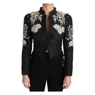 Dolce & Gabbana Schwarze Jacquard-Kristallblumenjacke - - Jackets - Damen - Schwarzk - XS