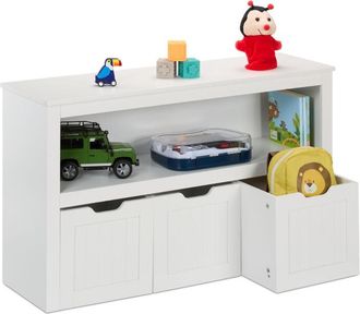 Relaxdays Relaxdays Kinderregal, 3 Boxen mit Rollen, HxBxT: 60 x 102 x 30 cm, Spielzeugschrank Kinderzimmer, Kinderkommode, weiß