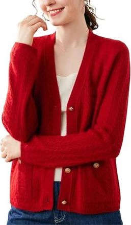 Generic Cardigan &agrave; col en V 100 % cachemire pour femme - Veste dhiver unie douce et confortable en tricot &eacute;l&eacute;gant, Wei Xu Rouge, Taille XL