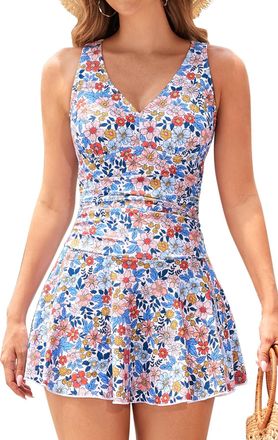 SHEKINI V-Ausschnitt Badeanzug Damen Badekleid Abdomen Kontrolle Bademode Damen Große Größe(XXL, Blau-Blume)