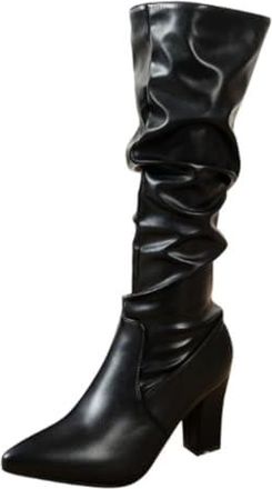 Generic Bottes Hautes Femme &agrave; Talon Bloc Cuir PU Pliss&eacute; Bottes Tendance dHiver Bout Pointu &Agrave; Talons Hauts Chic et Elegant Chaussures L&eacute;g&egrave;res D&eacute;contract&eacute;e 38