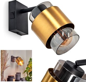 HOFSTEIN Wandleuchte Traak, moderne Wandlampe Metall/Glas in Schwarz/Messingfarben/Rauchfarben, Leuchte im Retro/Vintage-Design mit verstellbarem Schirm (Ø 10 