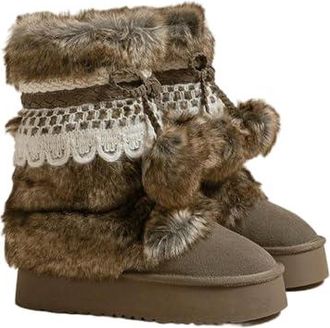 Generic JJDFW Bottes de ski mi-mollet &agrave; lacets en fausse fourrure pour femme, gris, 36 1/3 EU